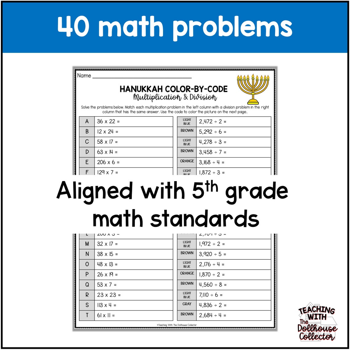 Hanukkah Math Color By Code Worksheets Multiplikation und Division ...