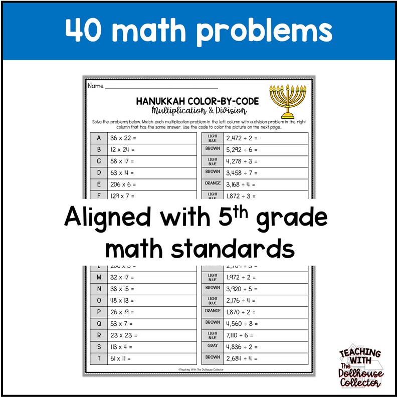 Hanukkah Math Color by Code Worksheets | Multiplication and Division ...