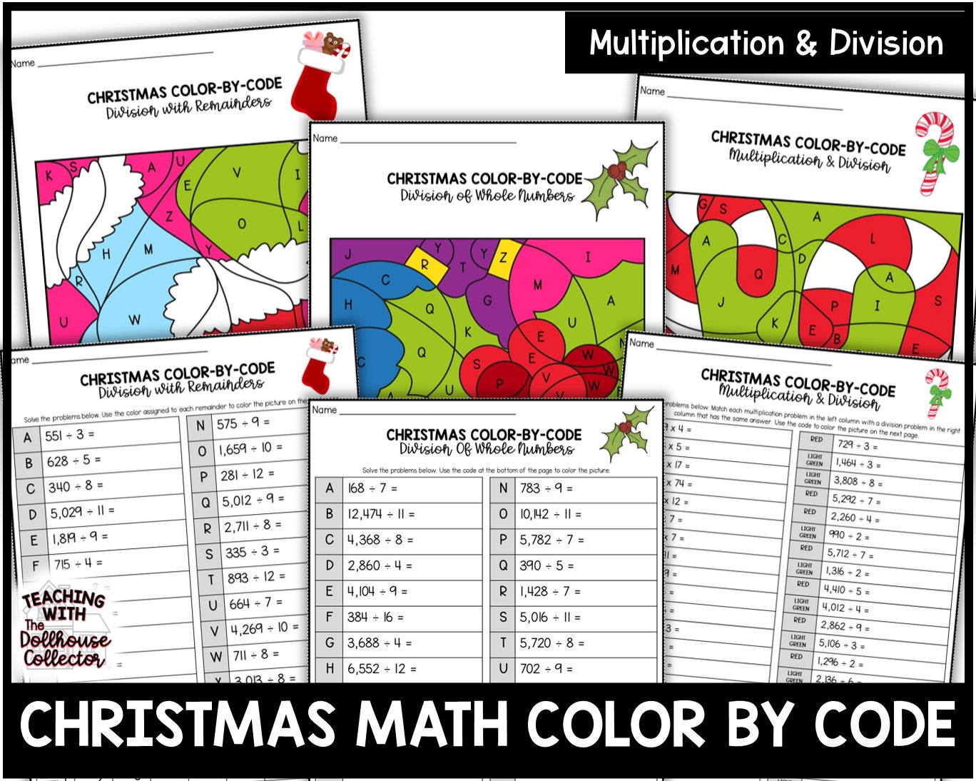 Christmas Math Color by Code Worksheets Multiplication and Division ...