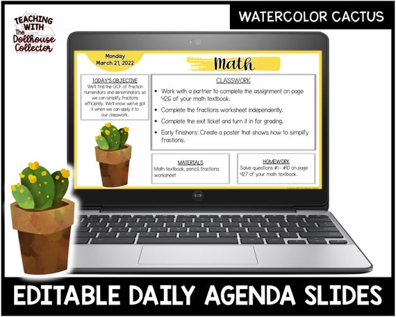 Editable Daily Agenda Slides Watercolor CACTUS Theme - Etsy