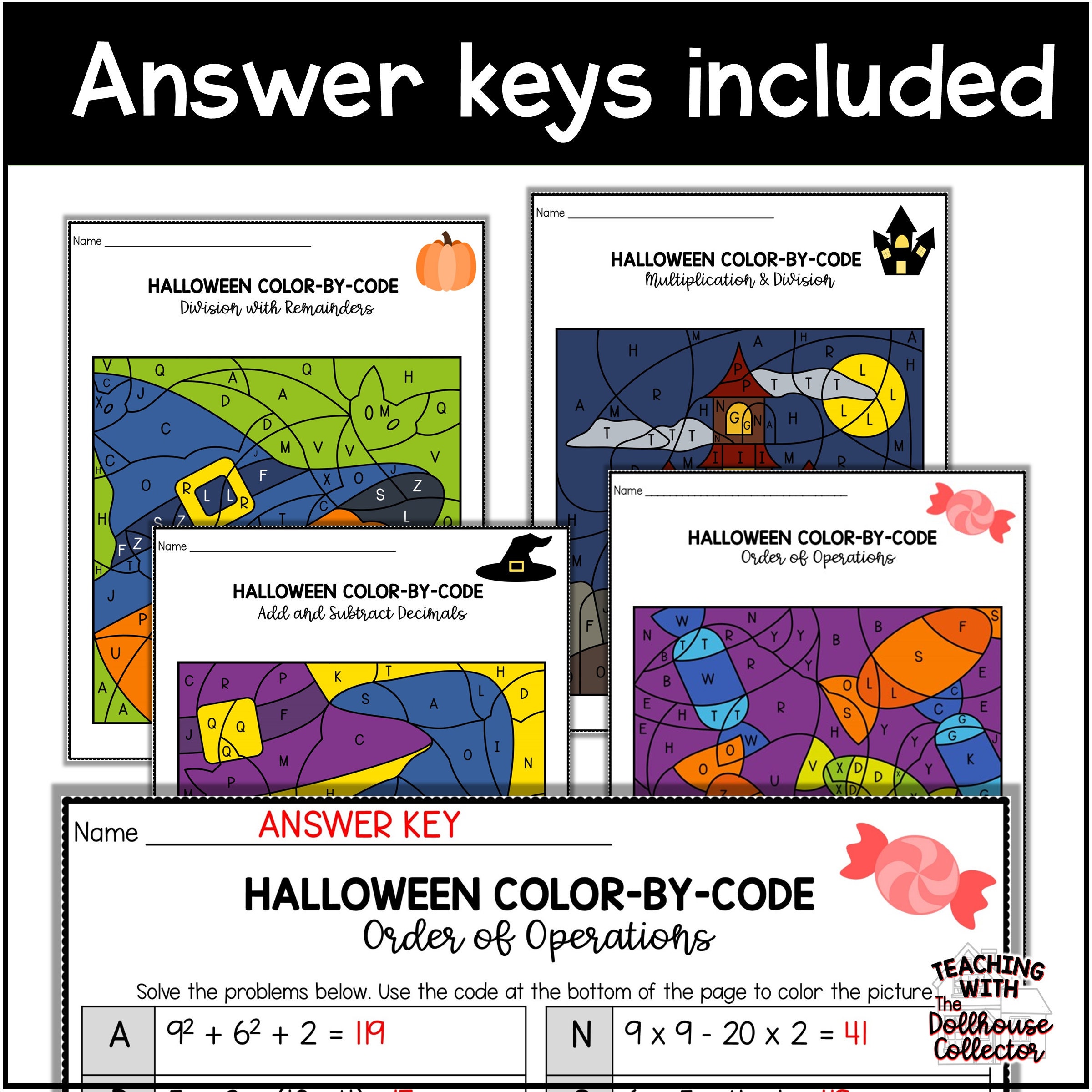 Halloween Math Color by Code Worksheets | Color by Number | 5th Grade ...