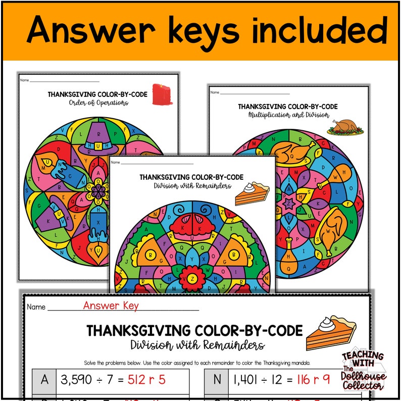 Thanksgiving Math Color by Code Worksheets: Grades 4-6 (digital ...