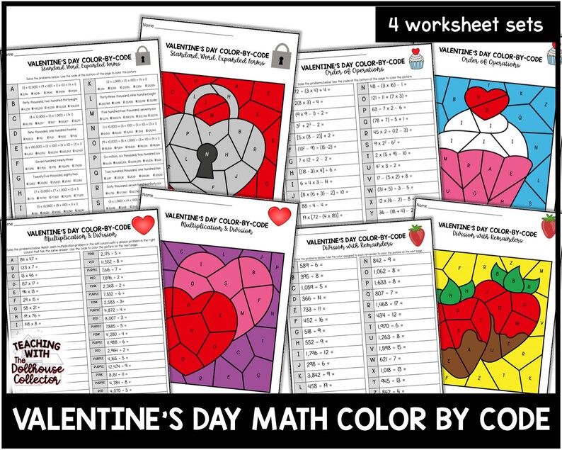 Valentine's Day Math Color by Code Worksheets Color by Number 5th Grade ...