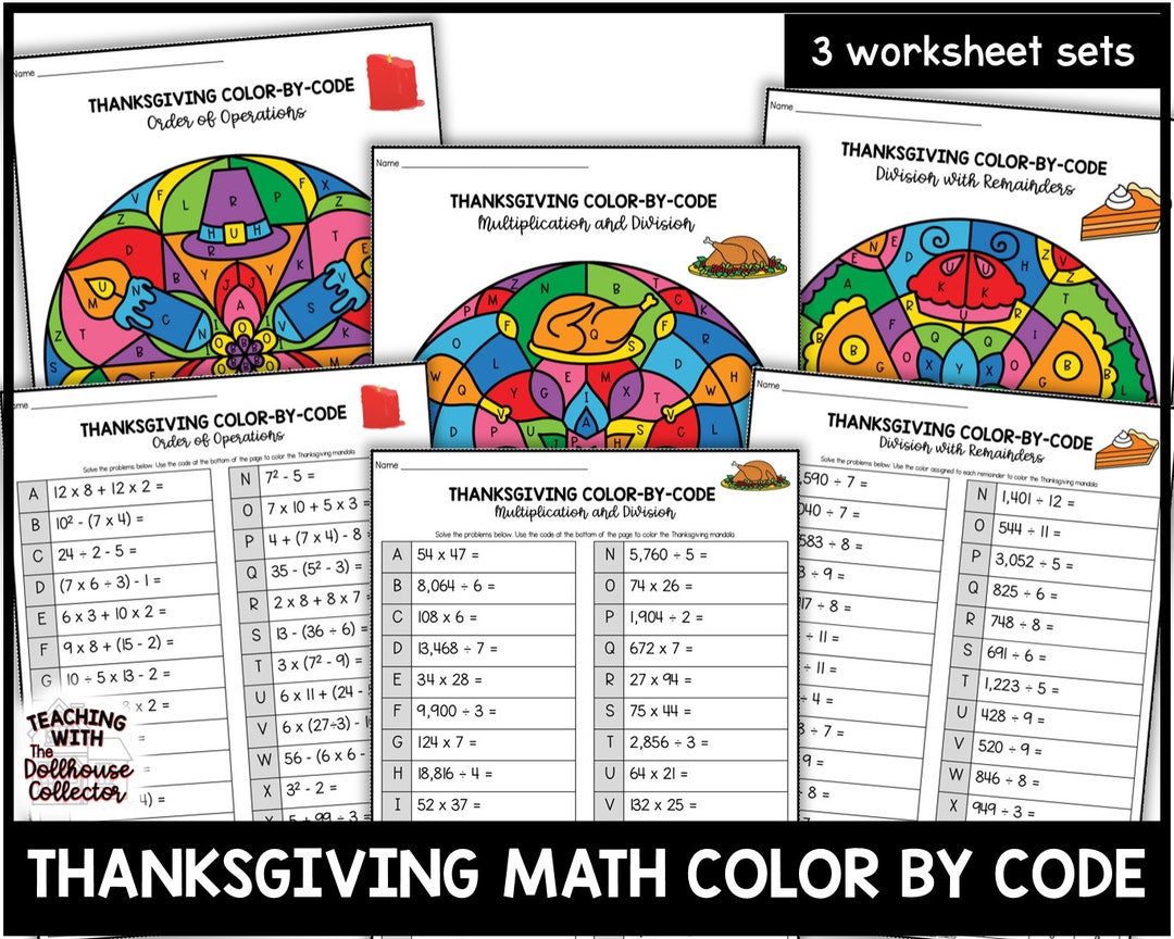 Thanksgiving Math Color by Code Worksheets Color by Number - Etsy