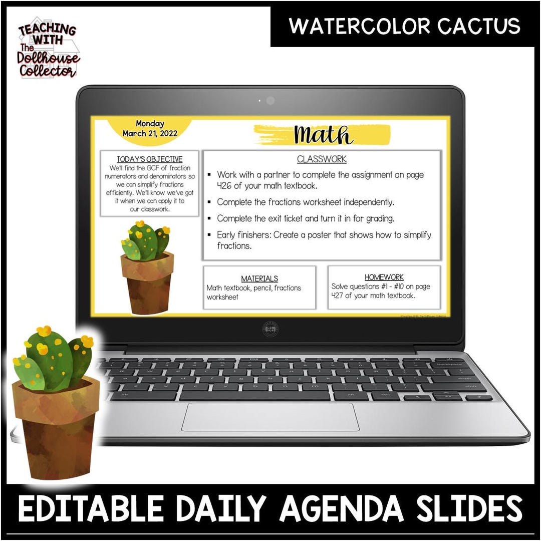 Editable Daily Agenda Slides Watercolor CACTUS Theme | Powerpoint ...