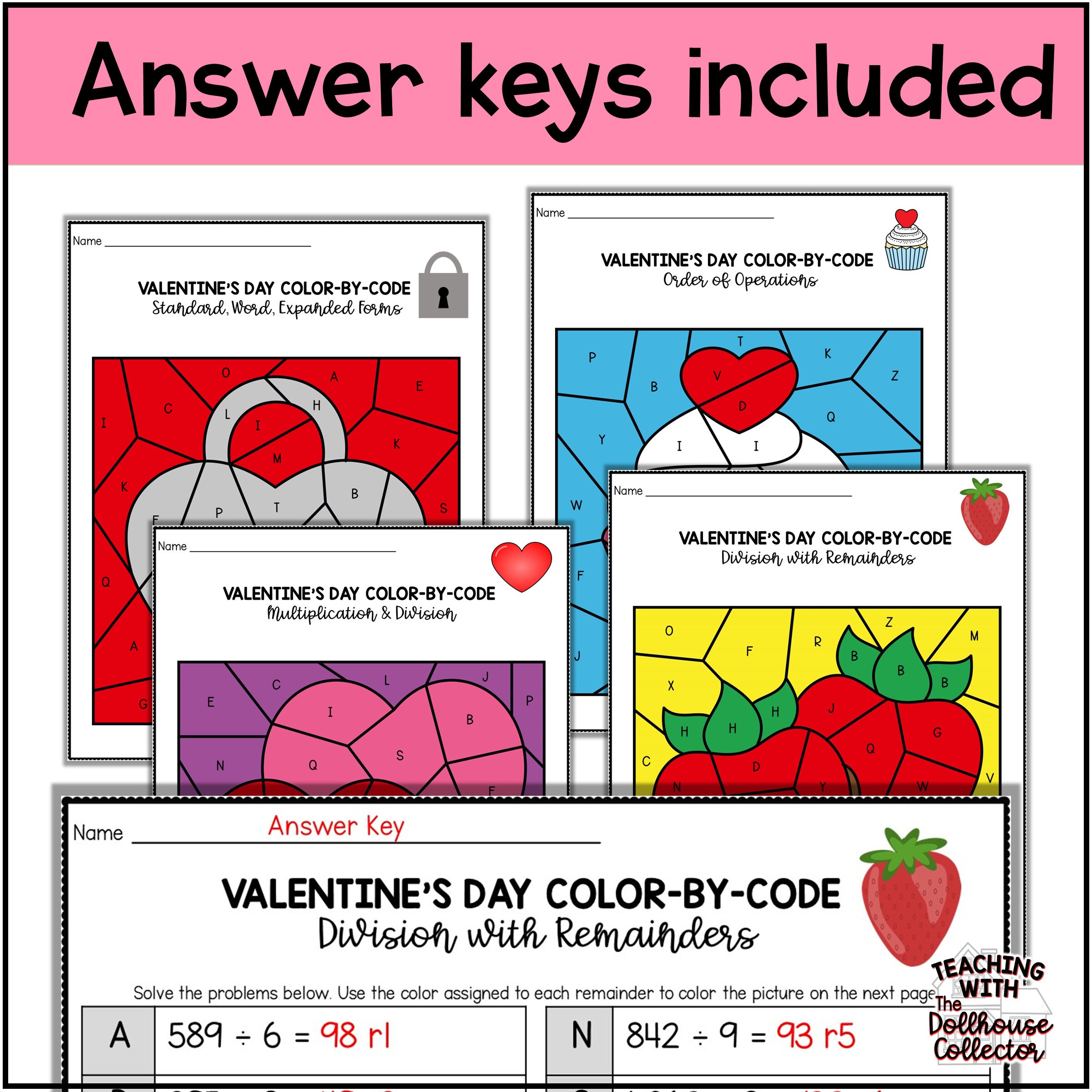 Valentine's Day Math Color by Code Worksheets Color by Number 5th Grade ...