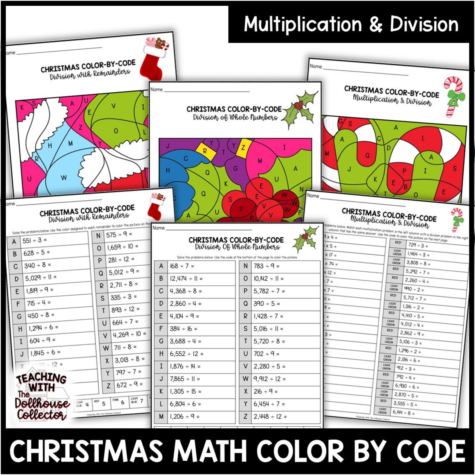 Christmas Math Color by Code Worksheets: Multiplication & Division ...