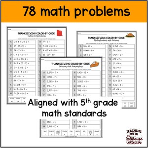 Thanksgiving Math Color by Code Worksheets: Grades 4-6 (digital ...