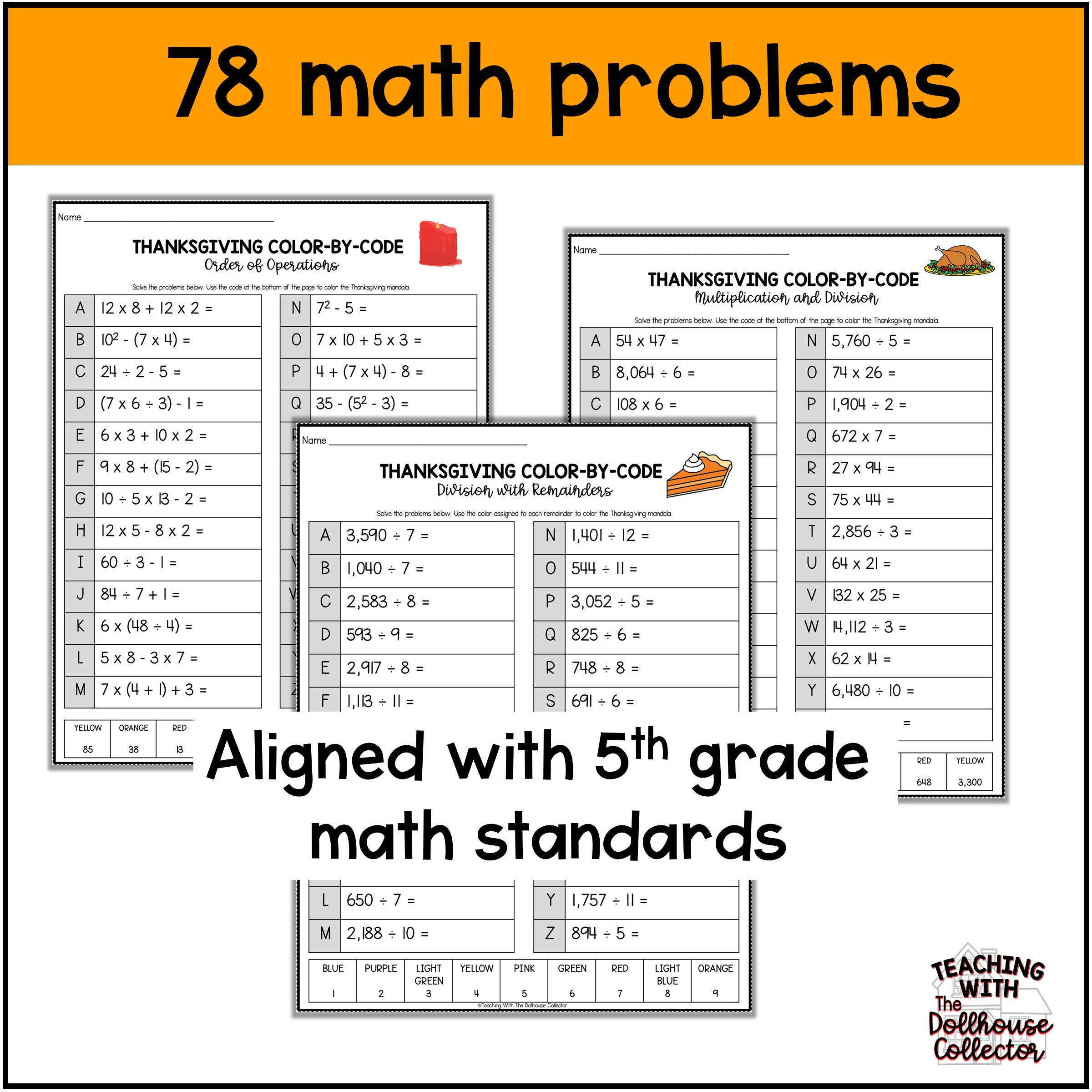 Thanksgiving Math Color by Code Worksheets Color by Number 5th Grade ...