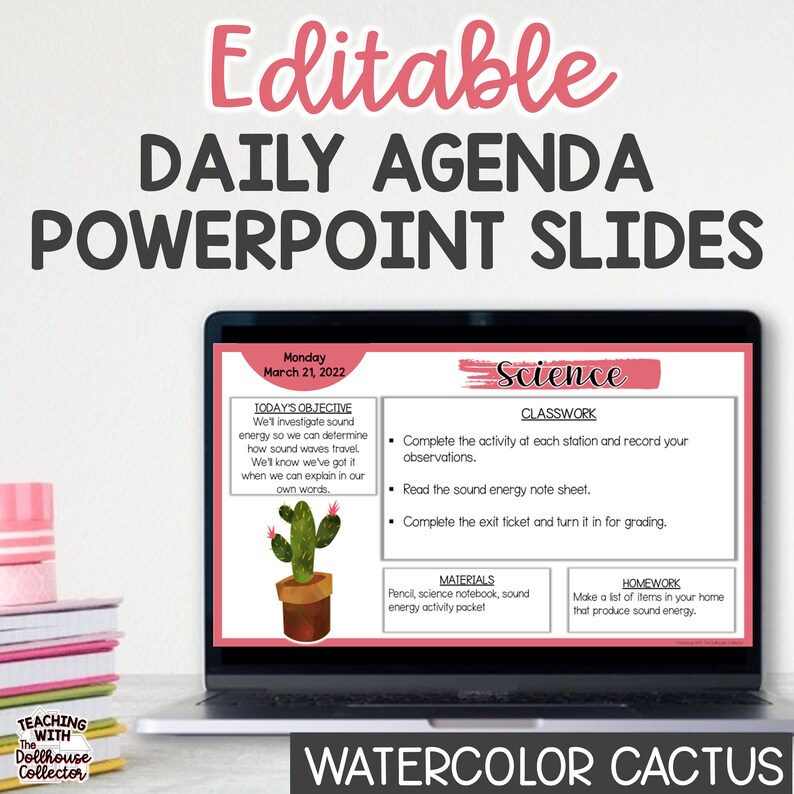 Editable Daily Agenda Slides Watercolor CACTUS Theme | Powerpoint ...