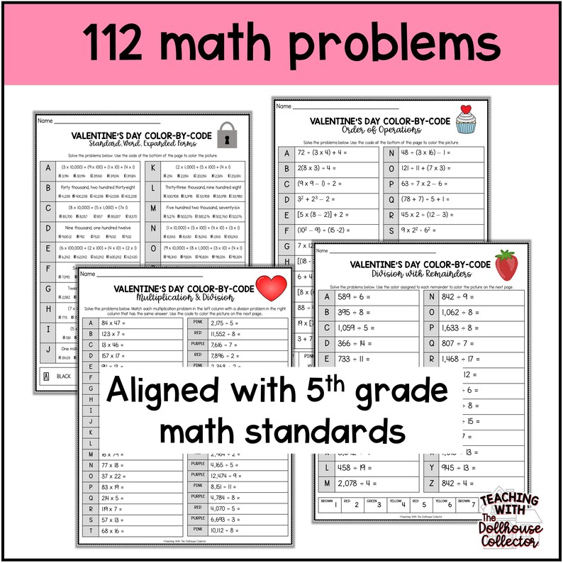 Valentine's Day Math Color by Code Worksheets | Color by Number | 5th ...