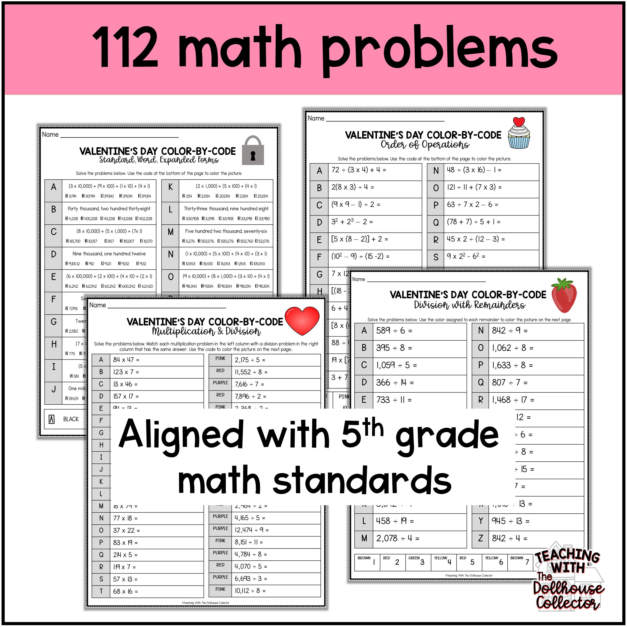 Valentine's Day Math Color by Code Worksheets | Color by Number | 5th ...