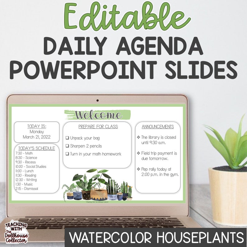 Editable Daily Agenda Slides Watercolor HOUSEPLANTS Theme | Powerpoint ...