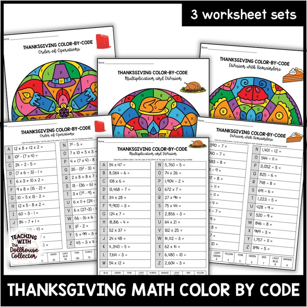 Thanksgiving Math Color by Code Worksheets | Color by Number | 5th ...