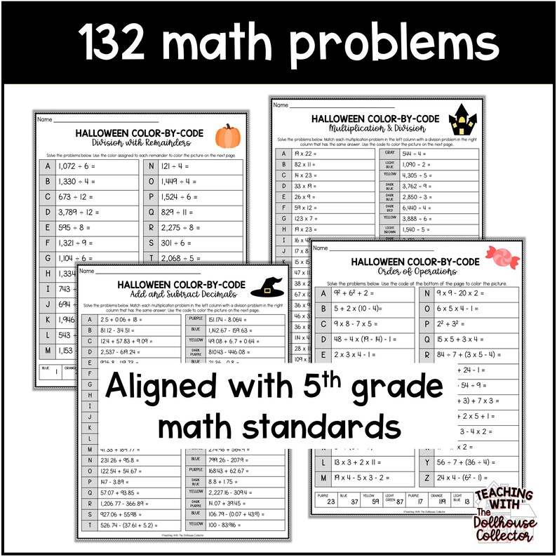 Halloween Math Color by Code Worksheets | Color by Number | 5th Grade ...