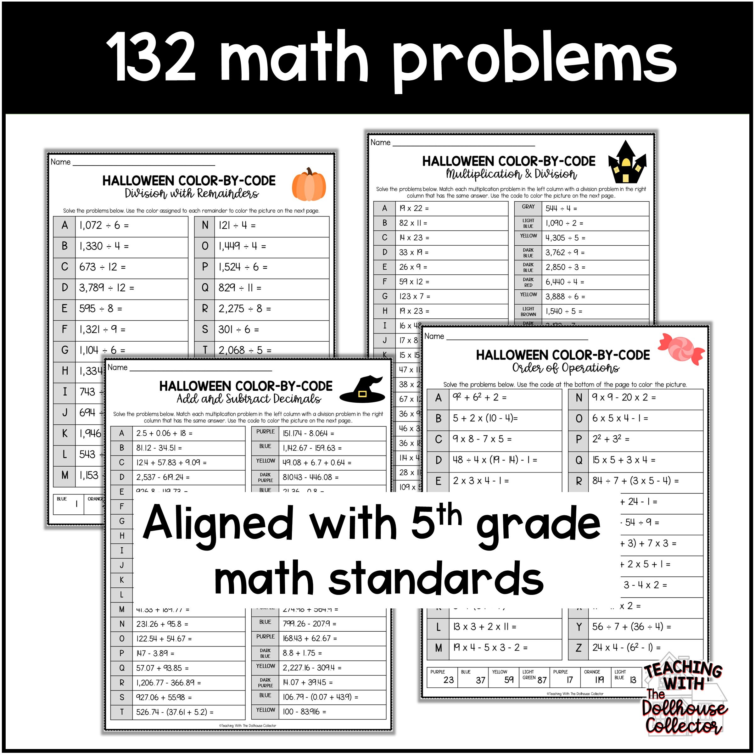 Halloween Math Color by Code Worksheets | Color by Number | 5th Grade ...