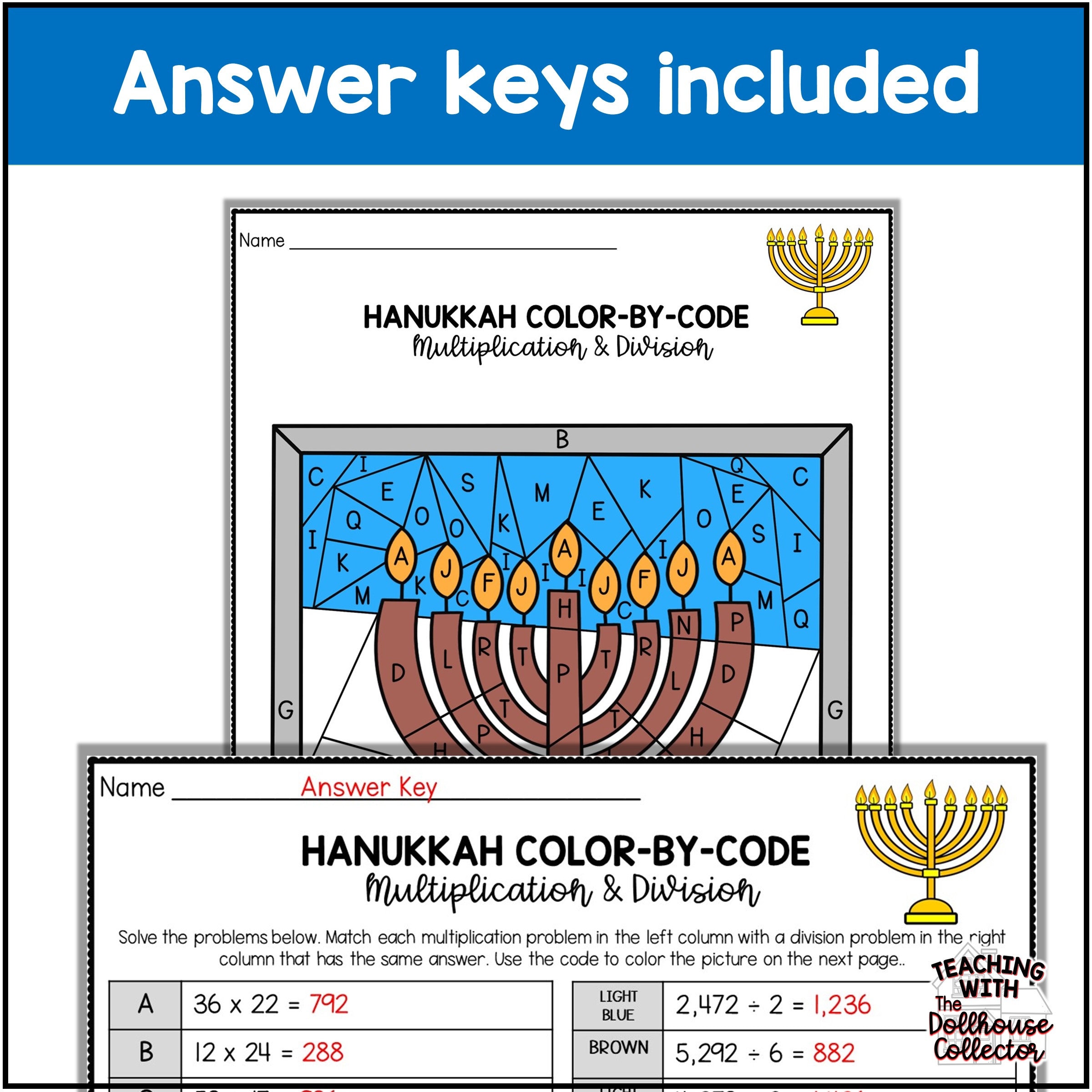 Hanukkah Math Color by Code: Multiplication & Division (digital ...