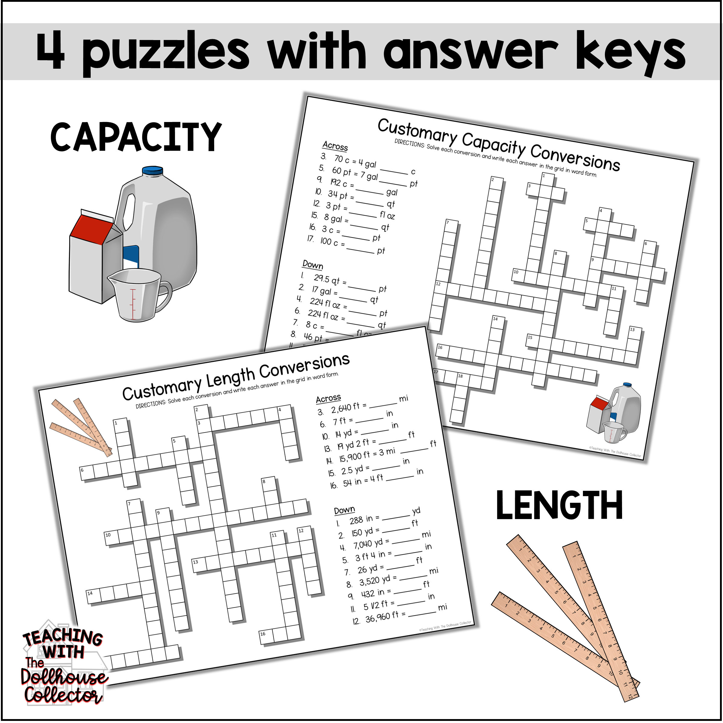 Math Crossword Puzzles: Customary Measurement Conversions (digital ...