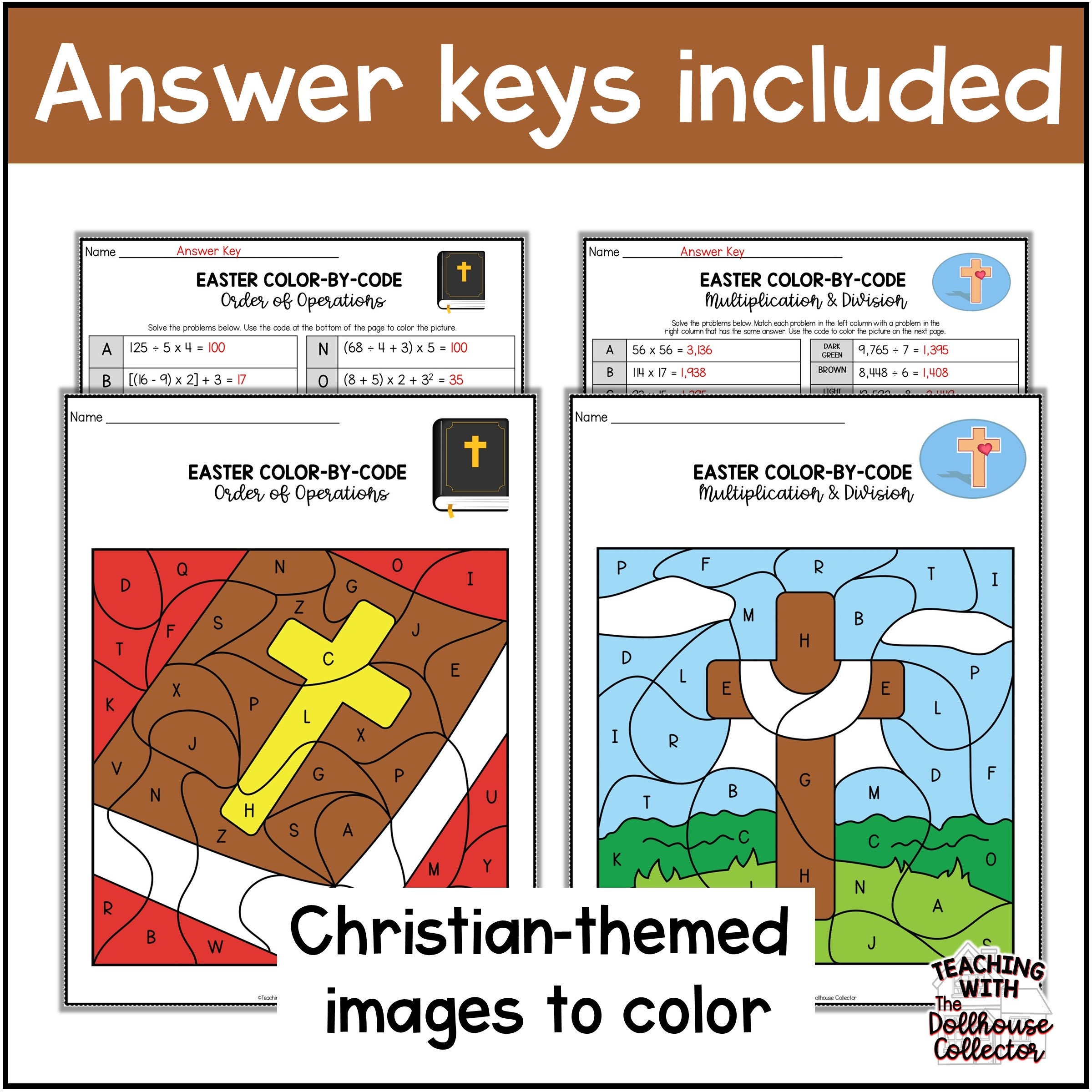 CHRISTIAN Easter Math Color by Code Worksheets | Color by Number | 5th ...