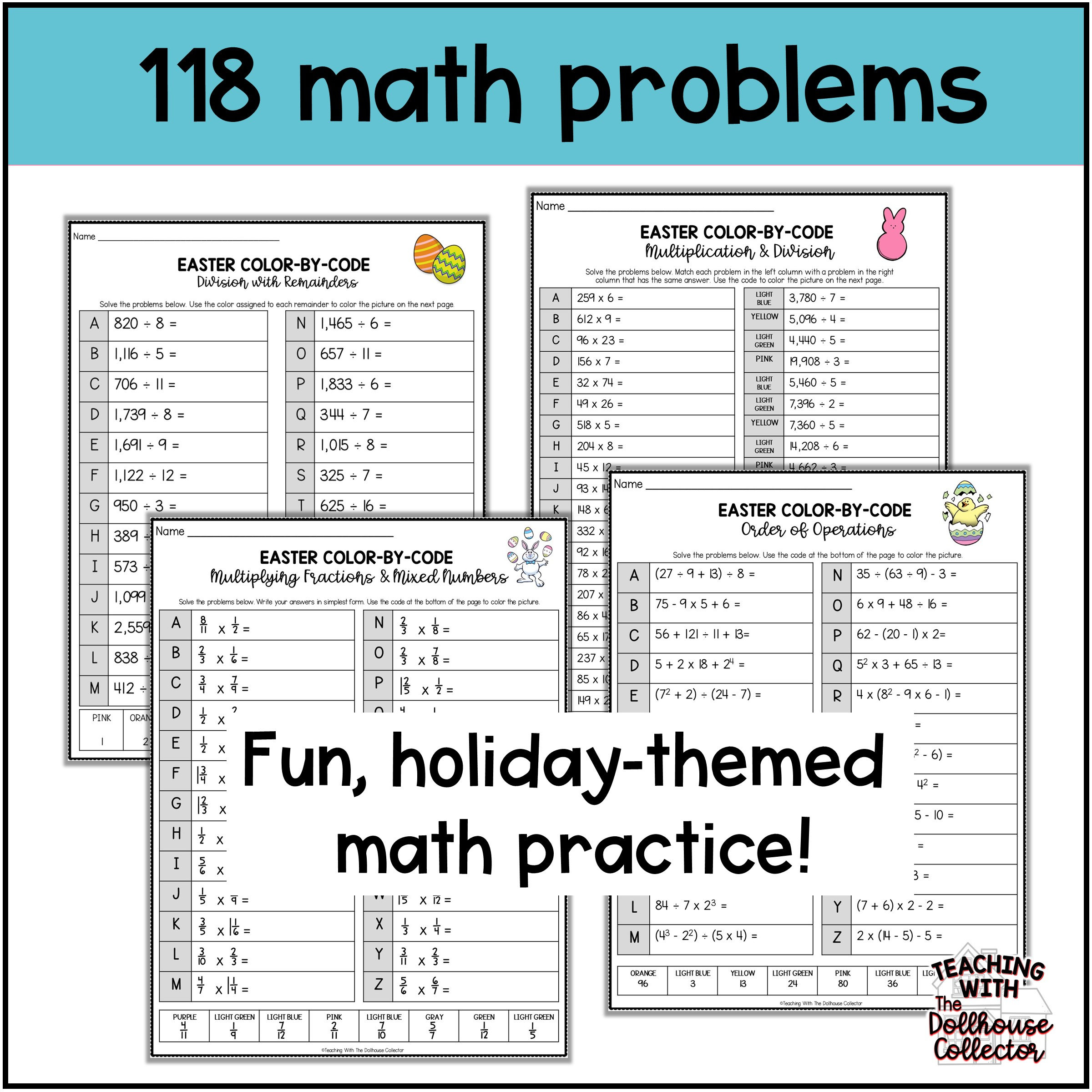 Easter Math Color by Code Worksheets | Color by Number | 5th Grade ...