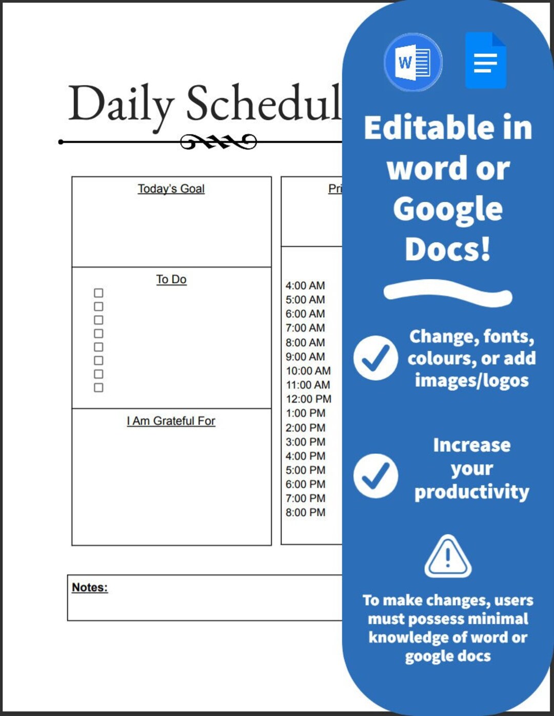 Completely Editable Daily Schedule for Word - Etsy