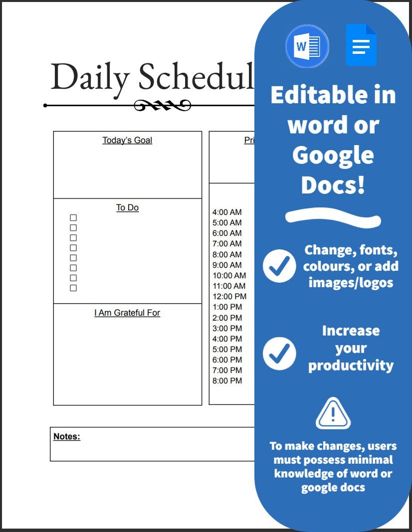 Completely Editable Daily Schedule for Word - Etsy