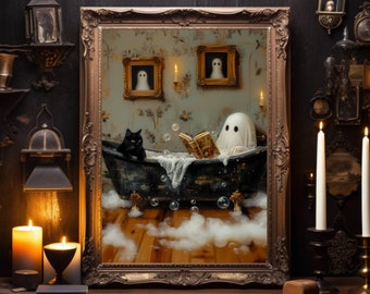 Ghost and Cat in Bathtub, Spooky Bubblebath Halloween Art, Black Cat ...