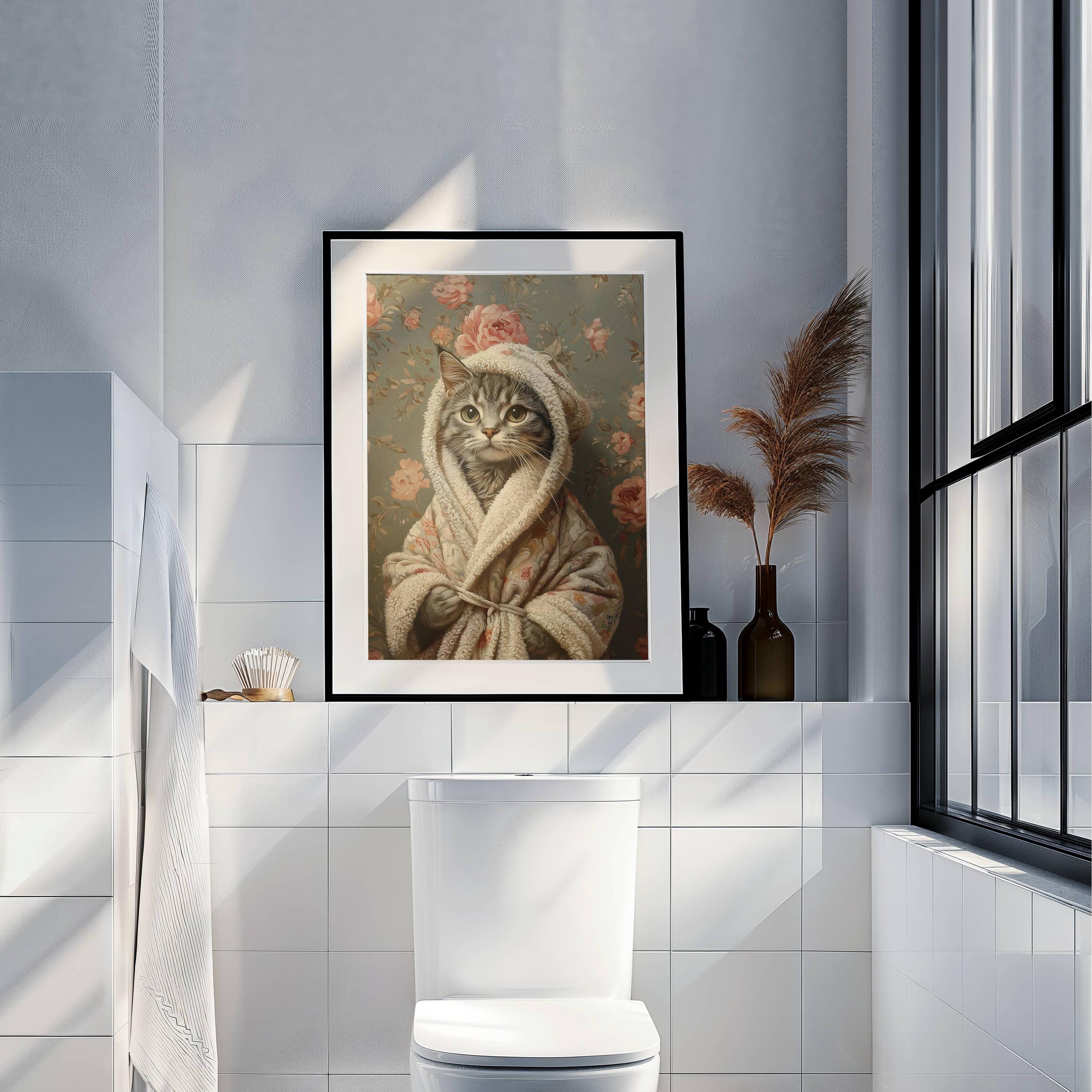 Gray Tabby Cat in Bathrobe Poster, Cute Cat Lover Bathroom Decor, Cat ...