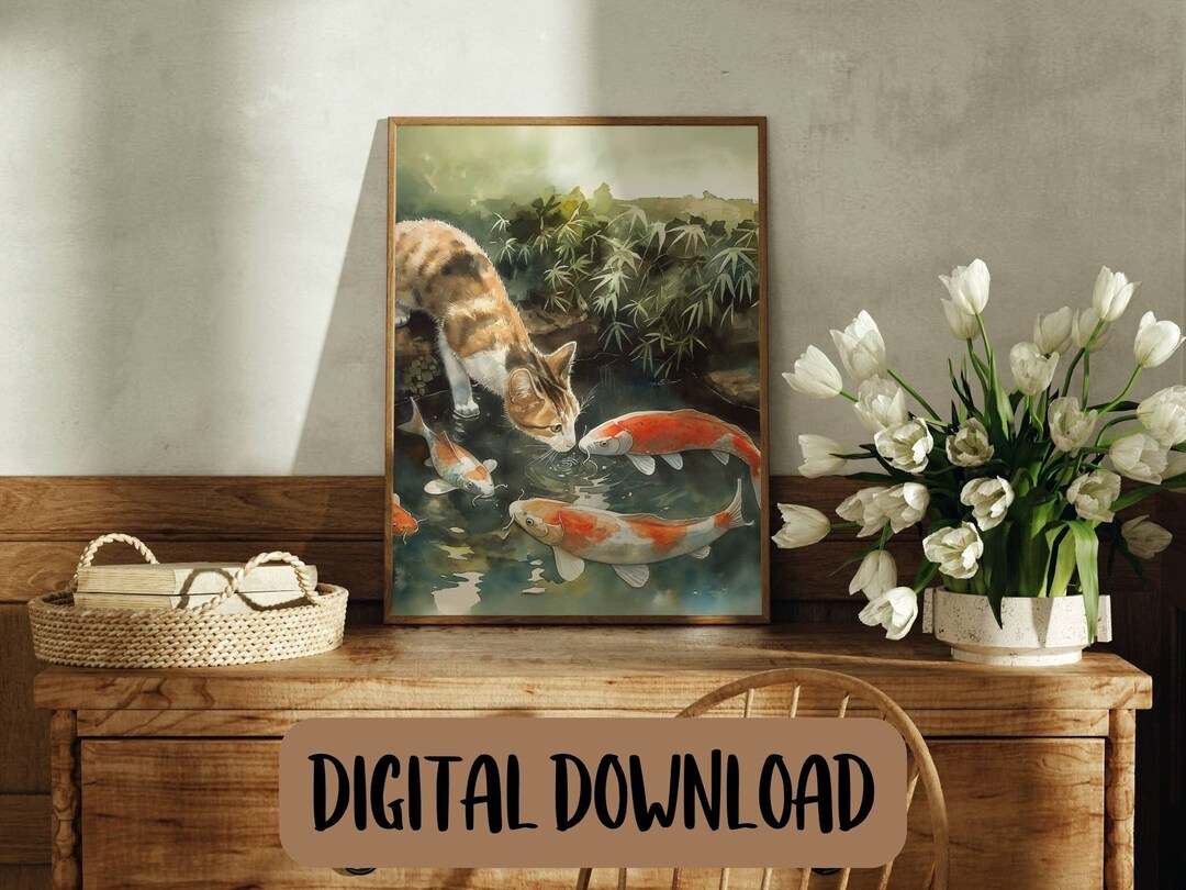 Calico Cat and Koi Fish DIGITAL DOWNLOAD, Cat PRINTABLE Wall Art - Etsy