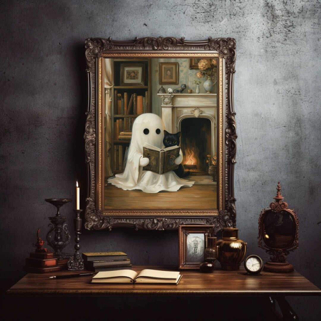 Cute Ghost and Cat Poster, Black Cat Print, Halloween Wall Art - Etsy