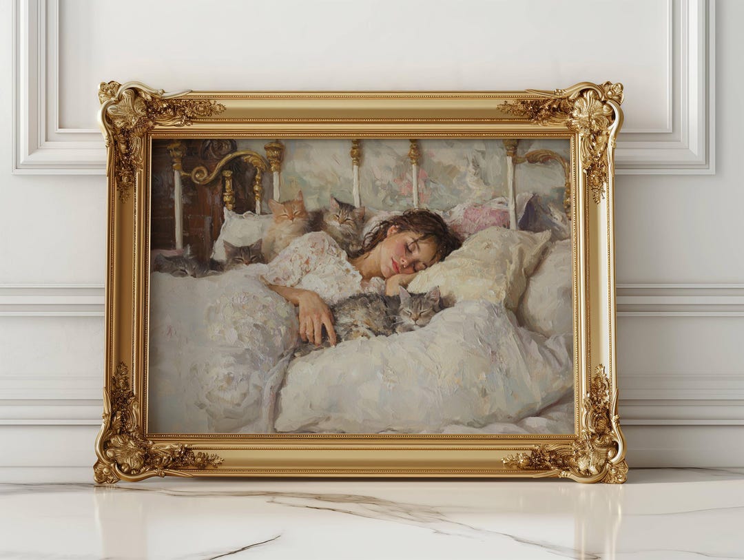Woman Napping With Her Cats Poster, Cat Mom Wall Art, Lady and Cat ...
