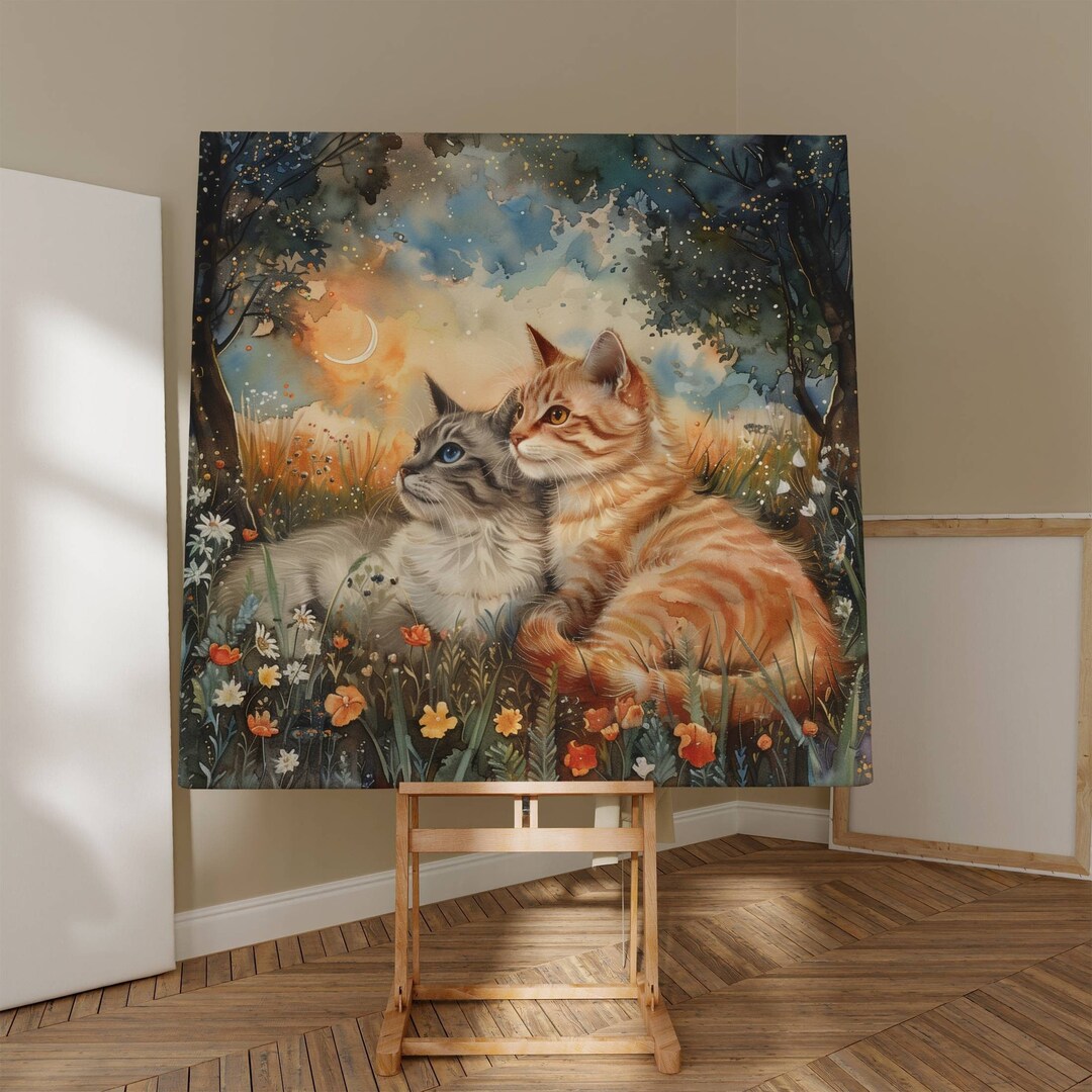 Lynx Point Siamese and Ginger Cat in Meadow Canvas Wall Art, Cat Mom ...