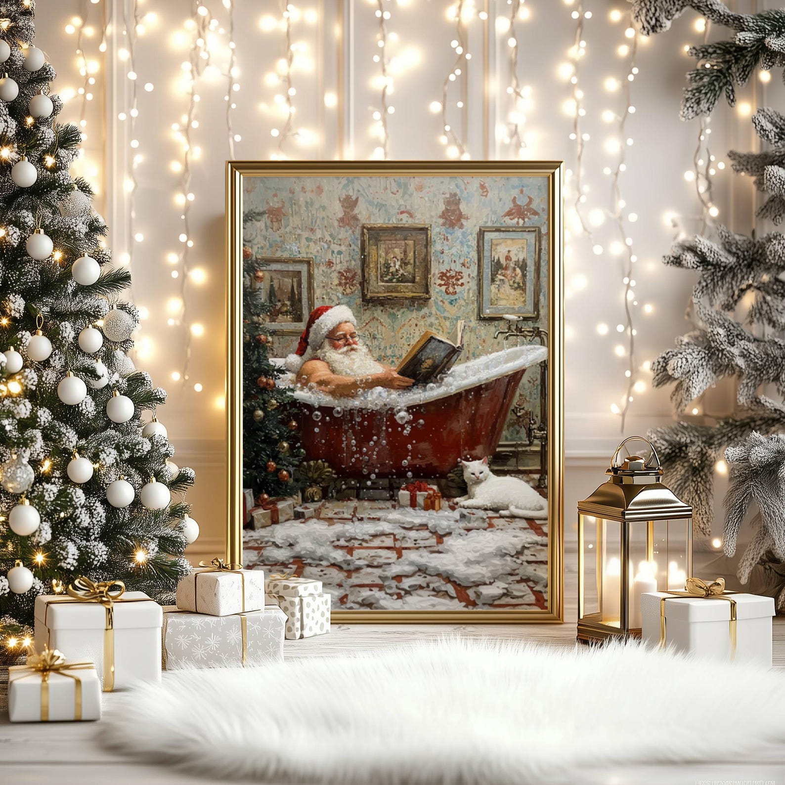 Santa Claus Reading in Bathtub Christmas Poster, Xmas Cat Christmas ...