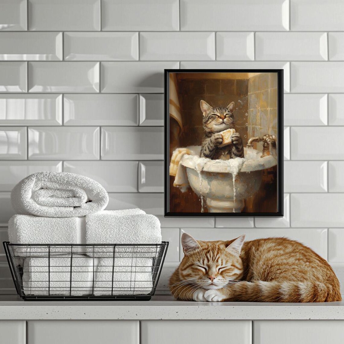 Tabby Cat Taking Bath in Sink Poster, Cute Cat Bathroom Decor, Cat ...