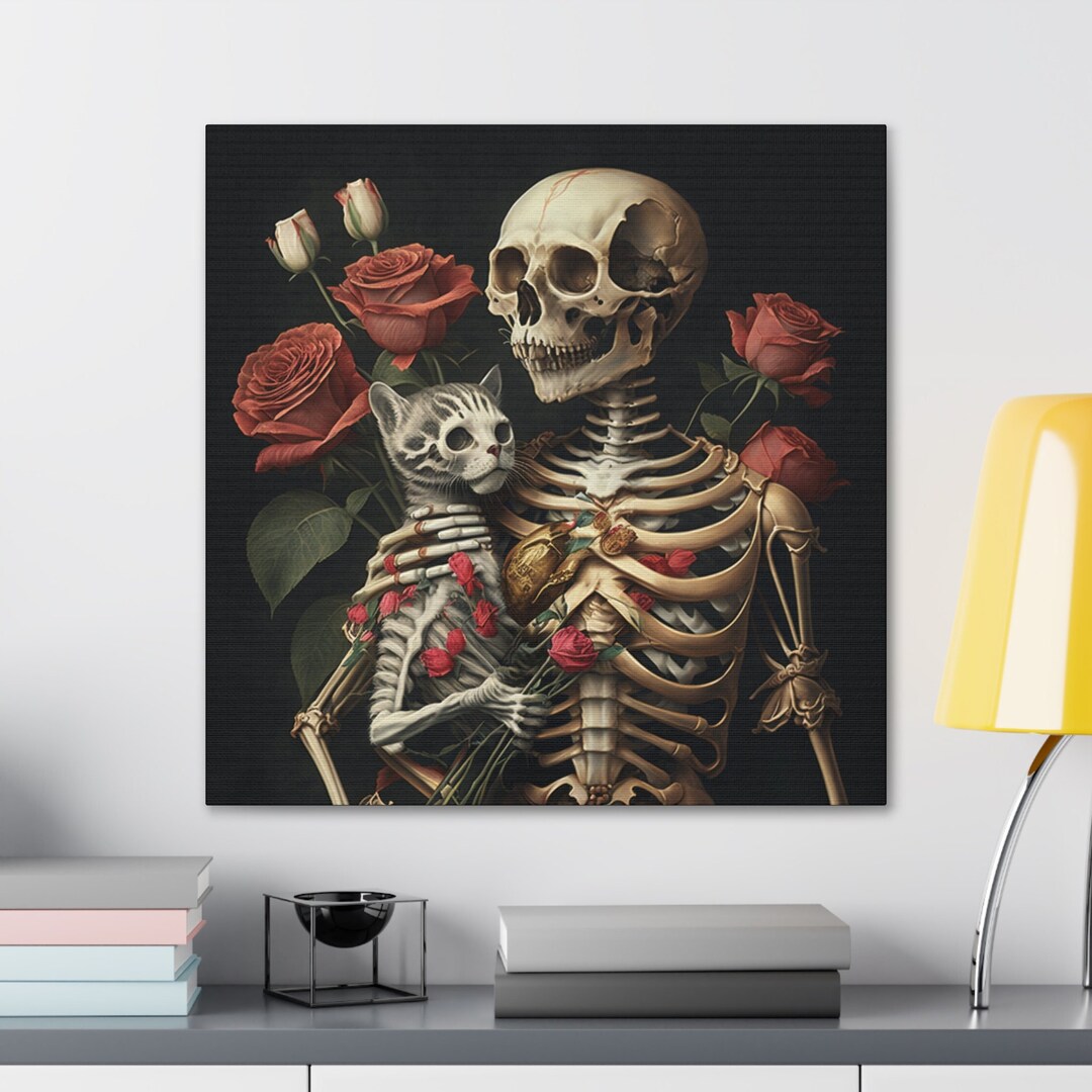 Gothic Skeleton and Cat Wall Art Canvas, Halloween Decor, Witchy Art ...