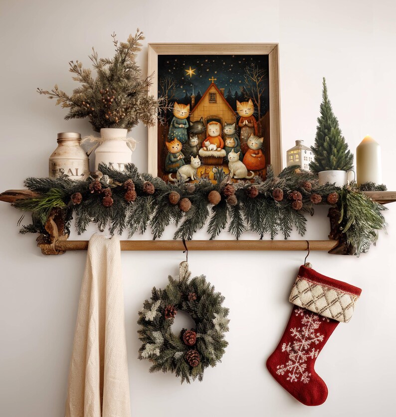 Folk Art Cat Nativity Scene Christmas Poster, Whimsical Holiday Cat ...