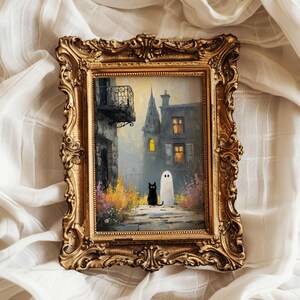Ghost and Black Cat Haunted House Poster, Spooky Cute Wall Art ...