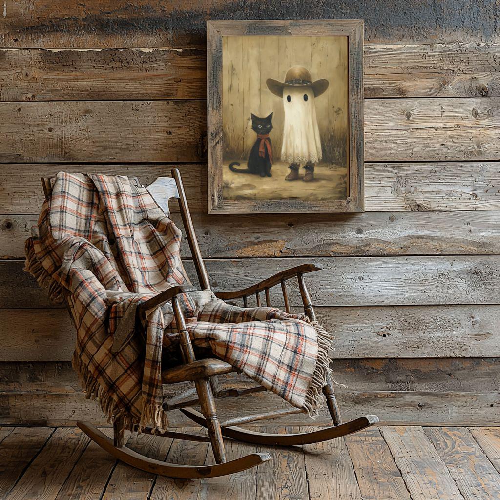 Cowboy Ghost and Black Cat Poster, Halloween Art, Cute Spooky Ghost ...