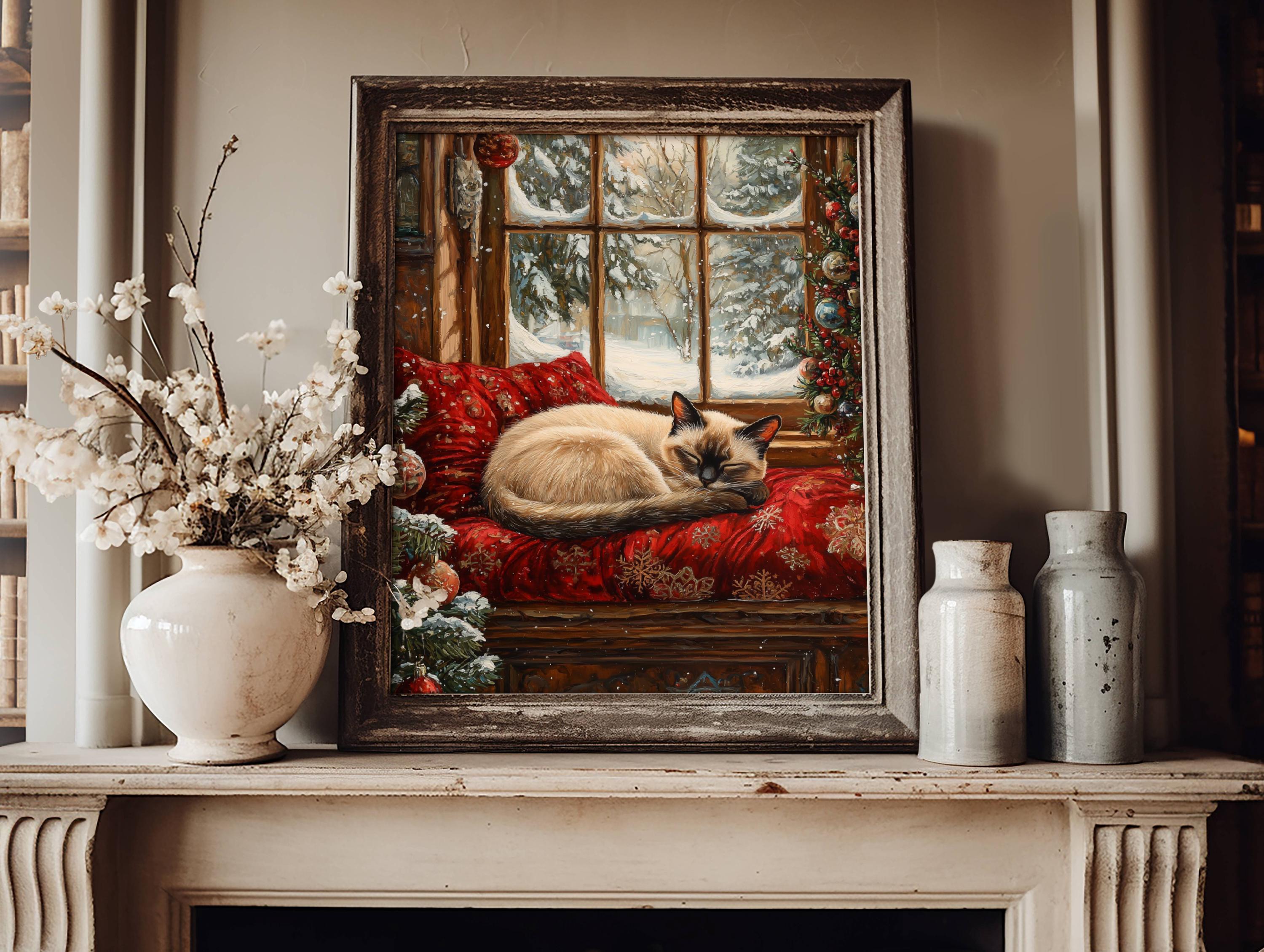 Christmas Siamese Cat Poster, Cat Lover Holiday Decor, Cat Mom Gift Art ...