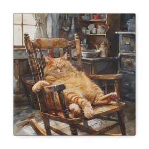 Sleeping Ginger Cat in Rocking Chair Wall Art Canvas, Cat Lover Gift ...
