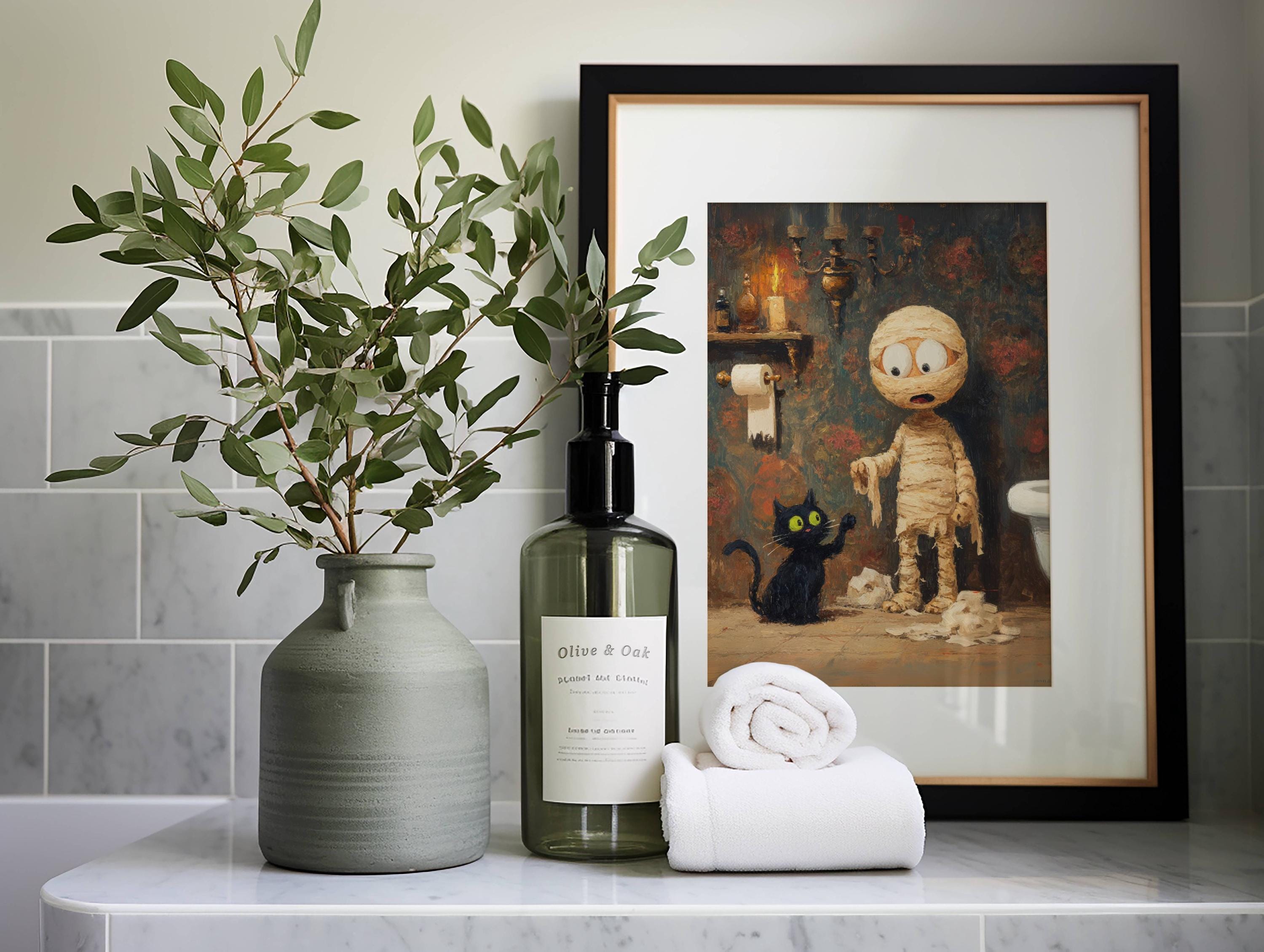 Halloween Black Cat and Mummy Print, Funny Bathroom Art, Spooky Cute ...