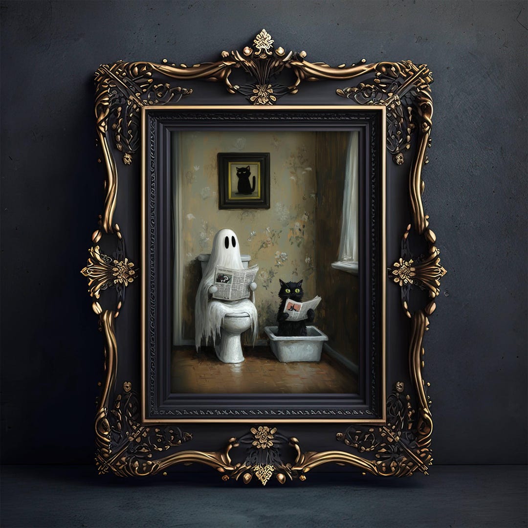 Ghost and Black Cat in Bathroom Poster, Funny Toilet Humor Print ...