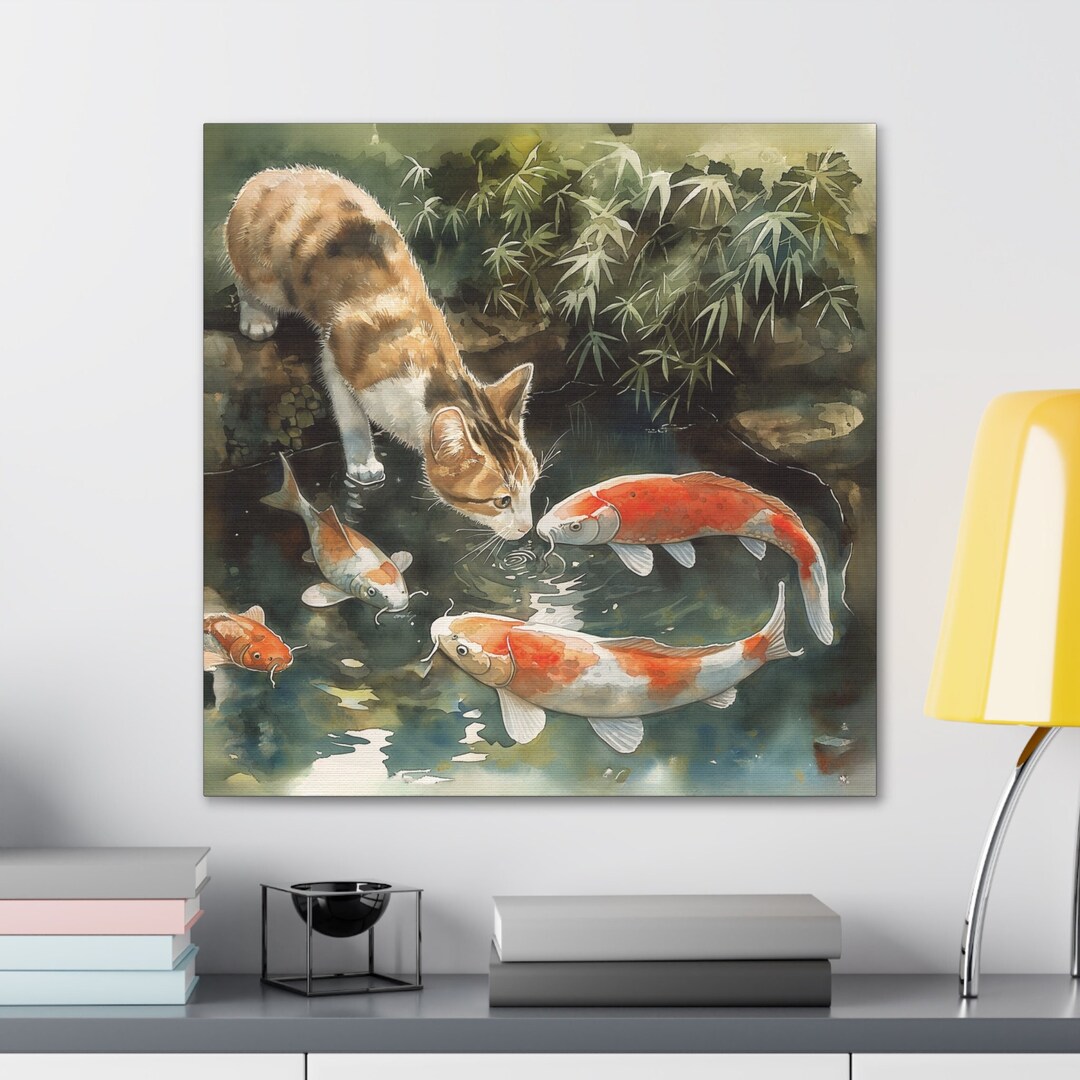 Calico Cat and Koi Fish Canvas, Watercolor Cat Wall Art, Cute Kitty ...