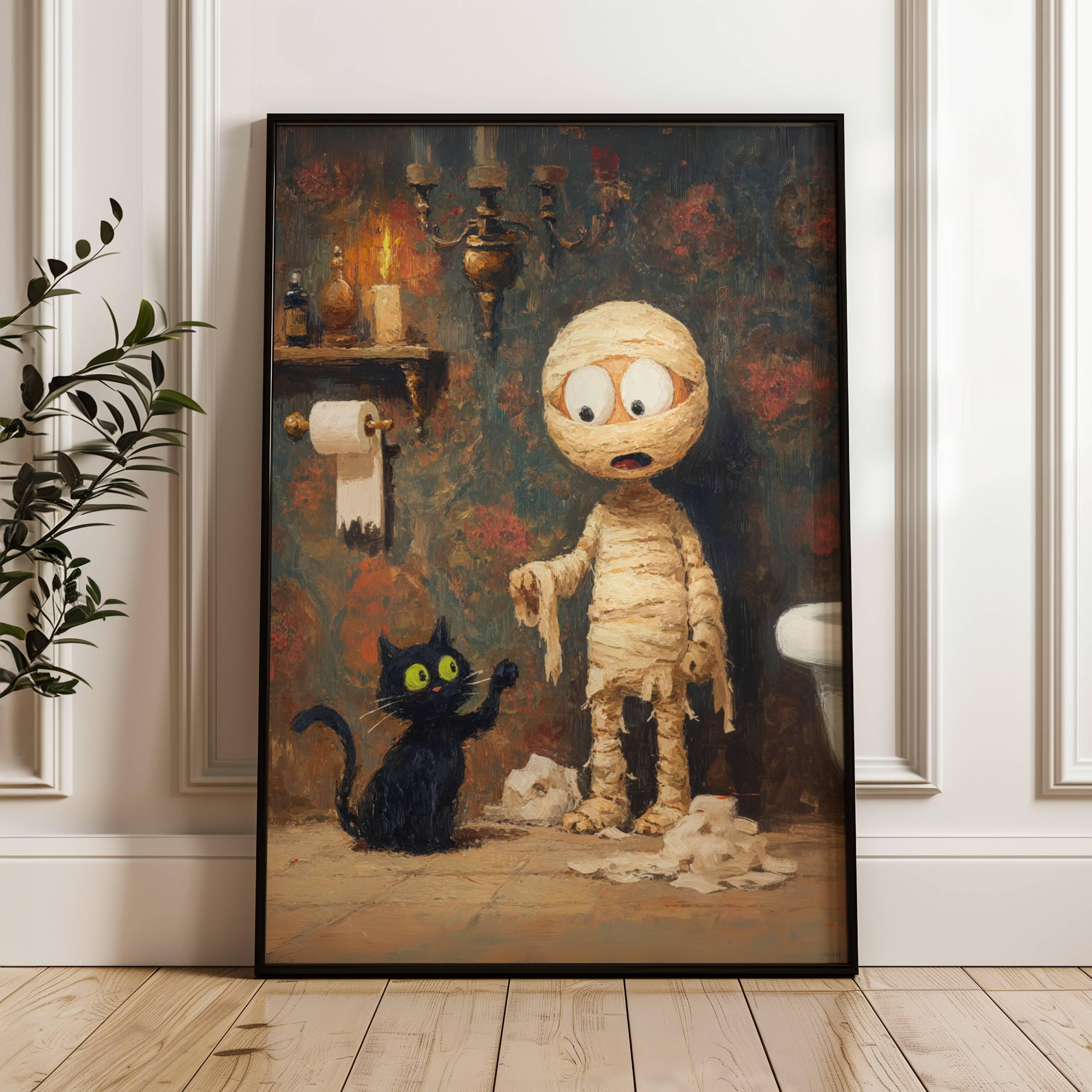Halloween Black Cat and Mummy Print, Funny Bathroom Art, Spooky Cute ...