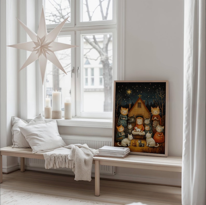 Folk Art Cat Nativity Scene Christmas Poster, Whimsical Holiday Cat ...