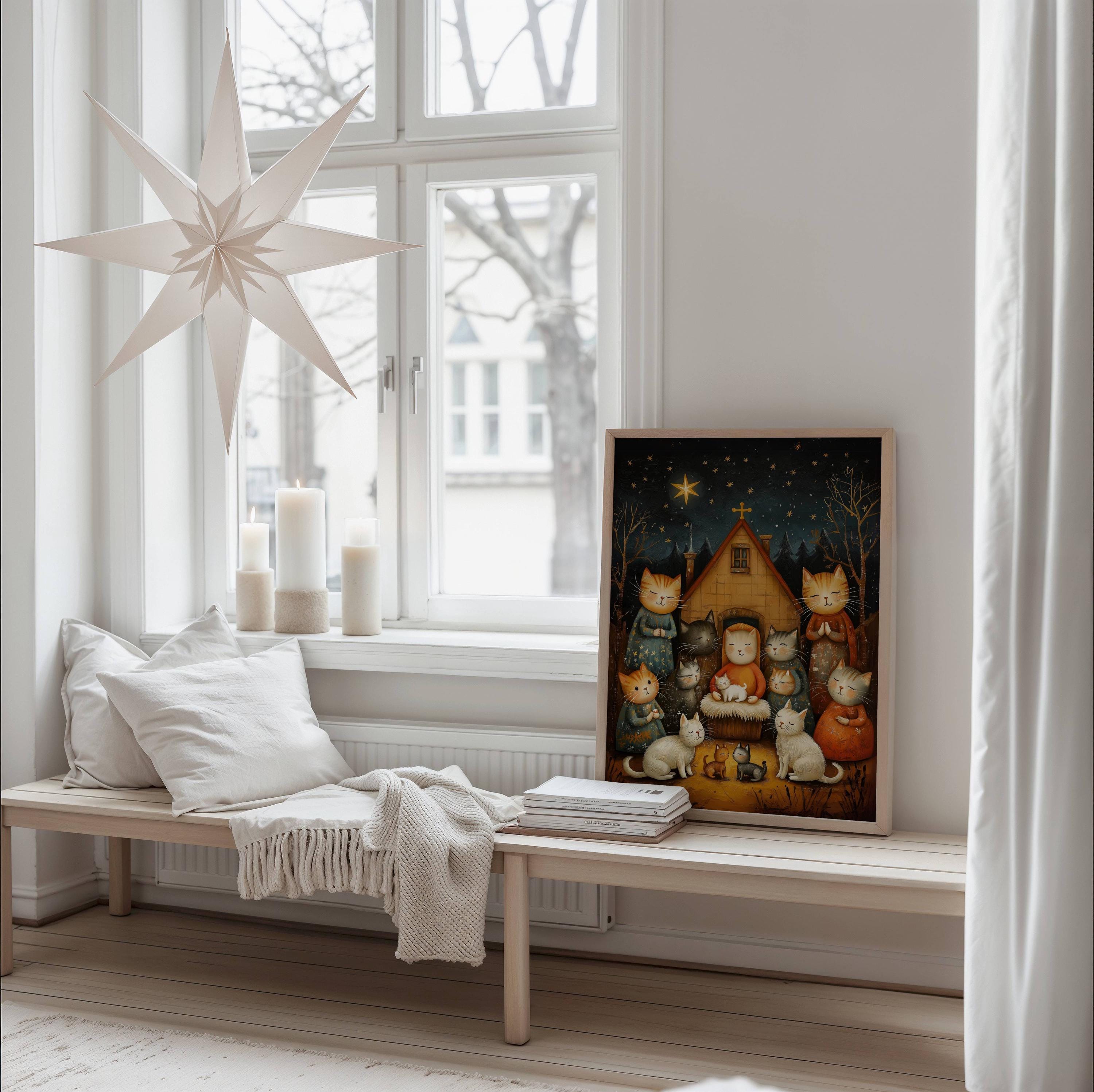 Folk Art Cat Nativity Scene Christmas Poster, Whimsical Holiday Cat ...