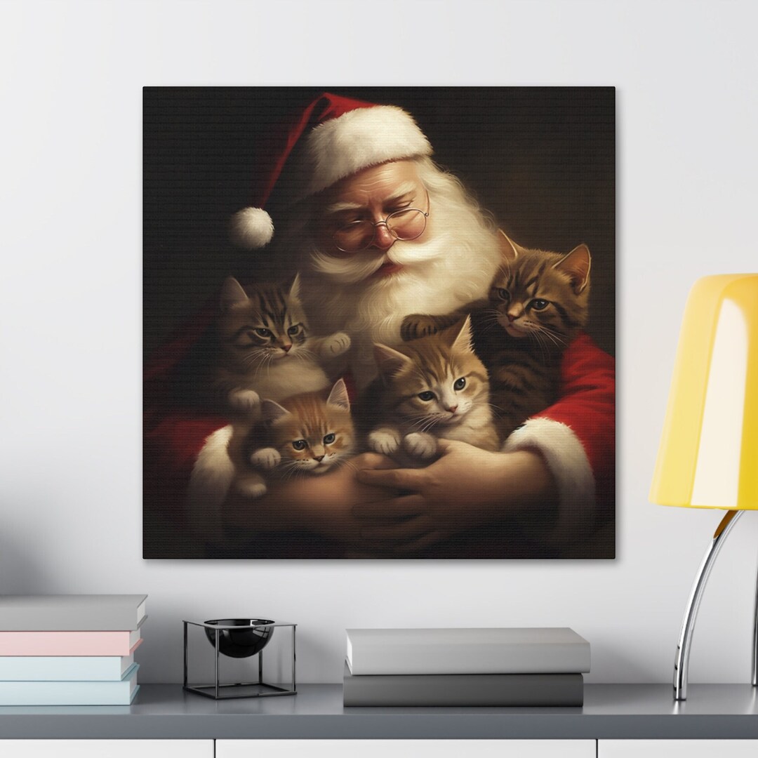 Santa and Cats Wall Art Canvas, Christmas Art for Cat Lover, Christmas ...