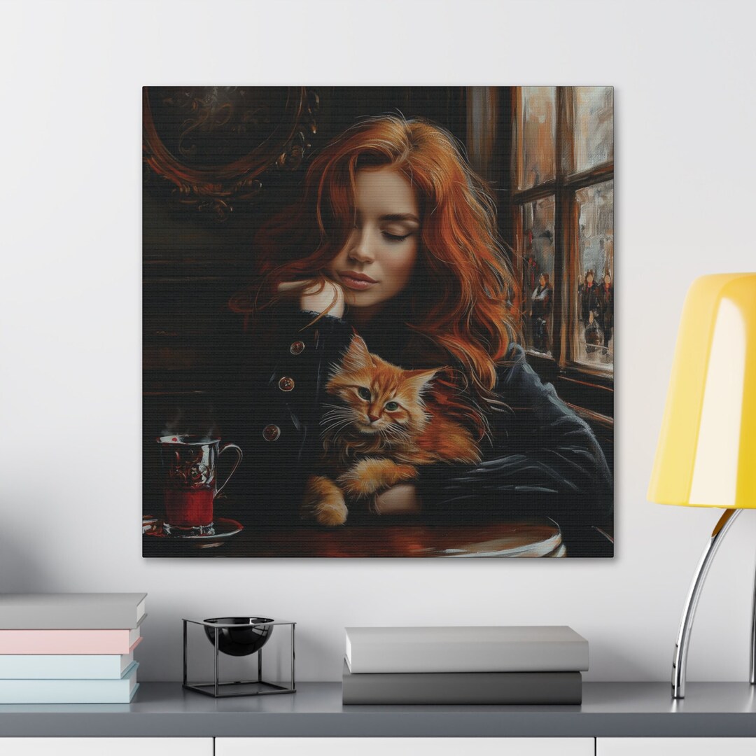 Woman and Ginger Cat Moody Portrait of Woman and Cat, Coffee Shop Art ...