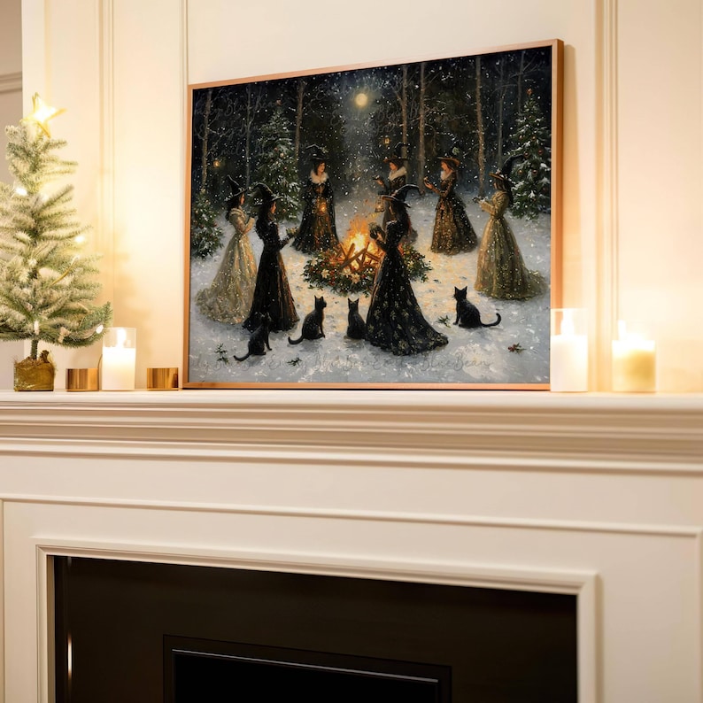 Winter Solstice Witches & Black Cats Wall Art Poster, Magical Yuletide ...