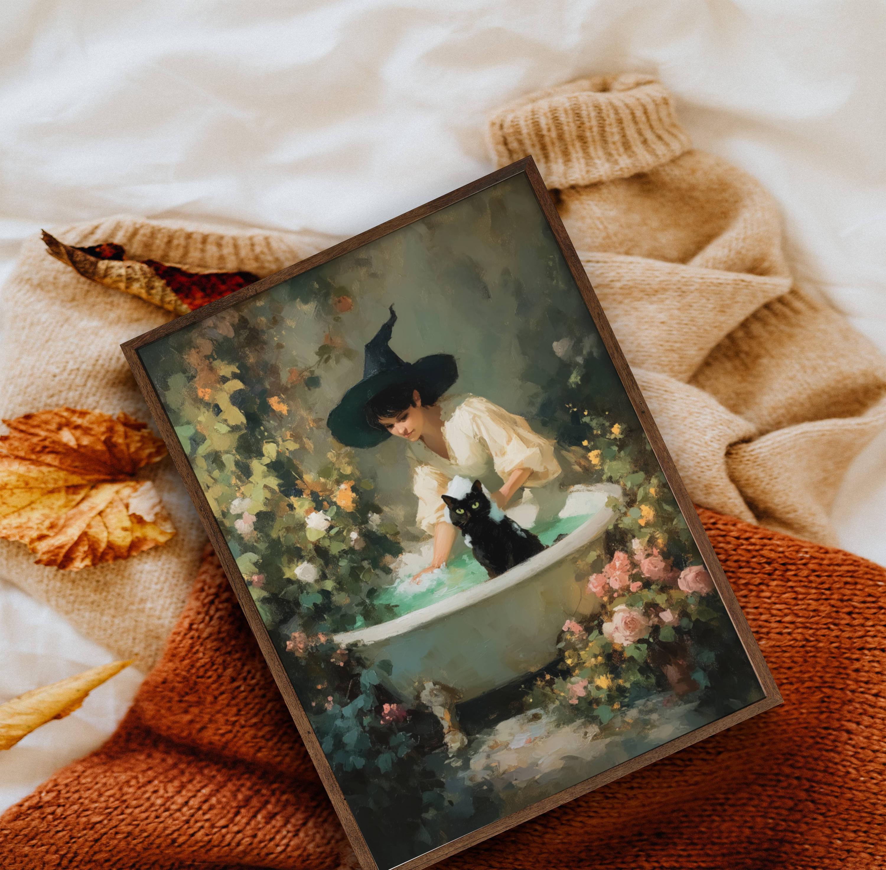 Witch and Black Cat Bathroom Art Print, Witch Washing Cat in Tub ...